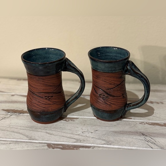 Dining | Two Rustic Green And Brown Ceramic Mugs | Poshmark